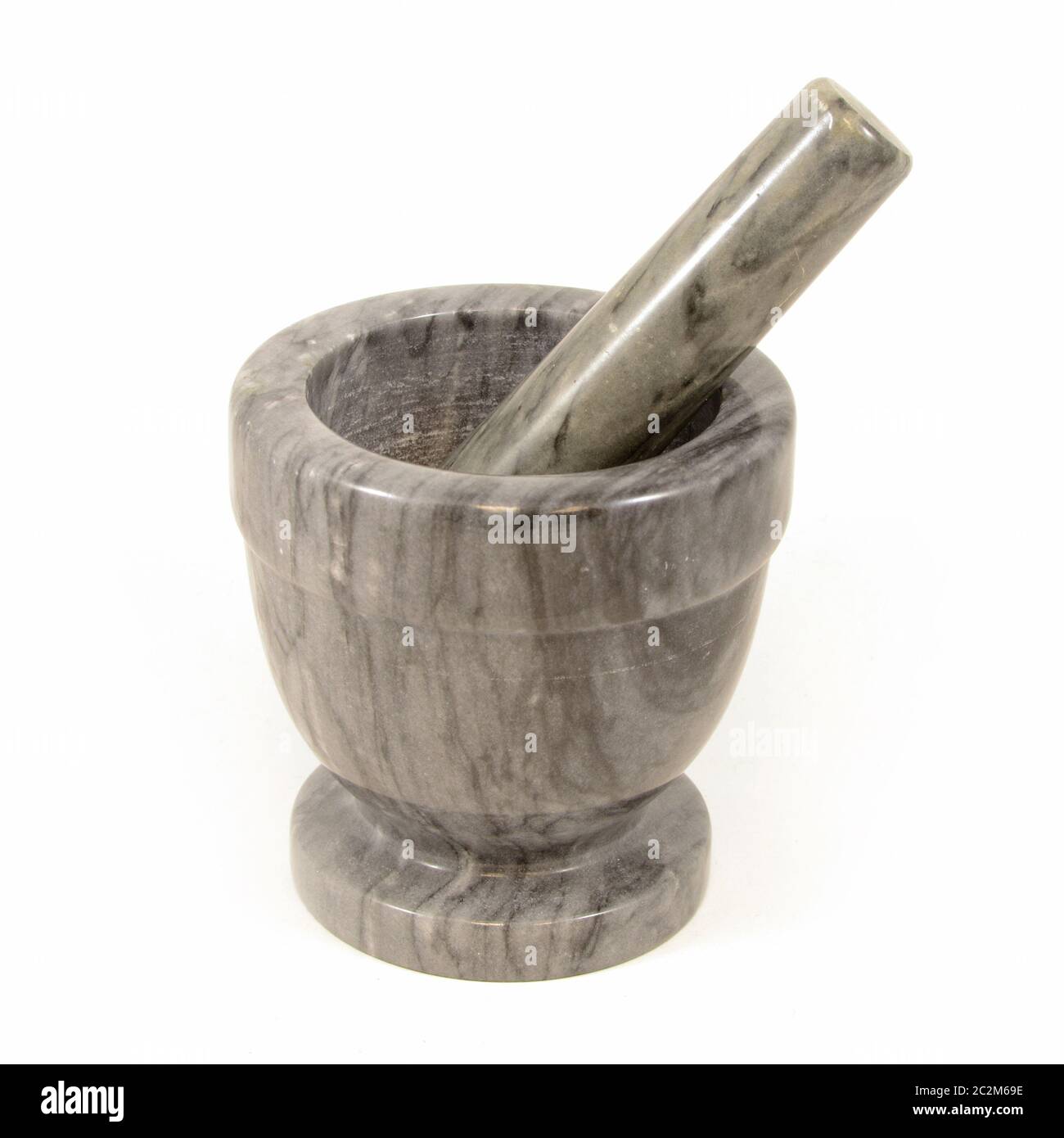 A square format isolated over white image of a grey marble stone mortar ...