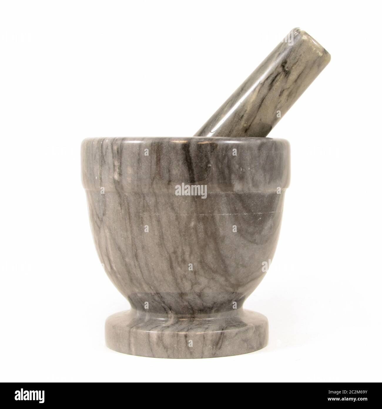 A square format isolated over white image of a grey marble stone mortar ...