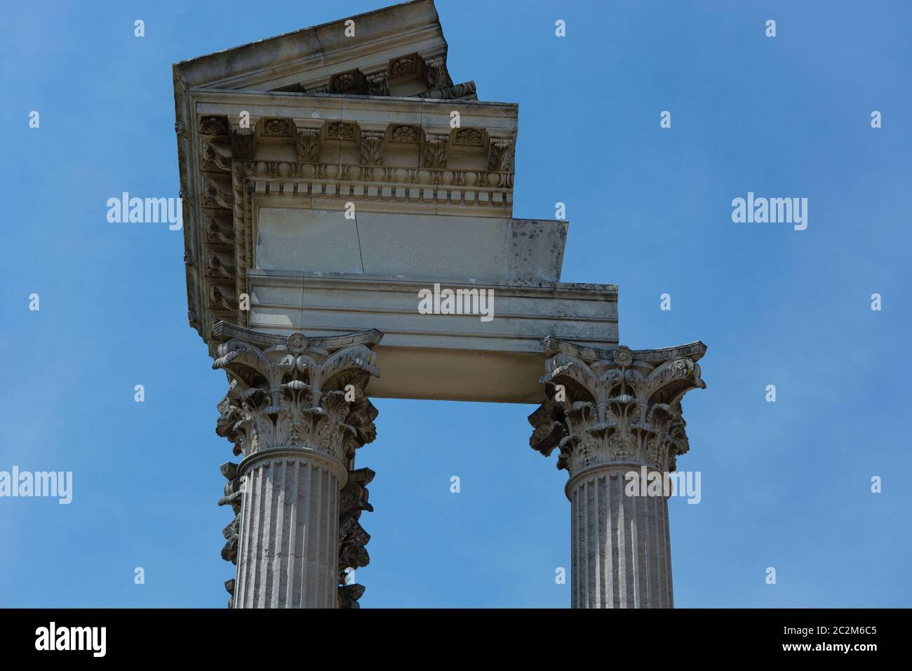 Greek columns of a temple in Greece, seen from below. Architecture ...
