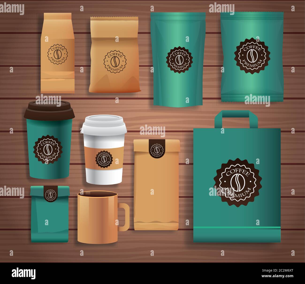 set of elegant coffee packings with differents colors in wooden ...