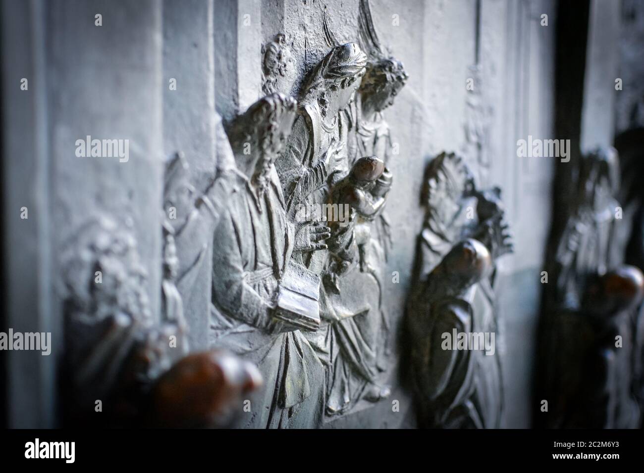 Close up of the Bronze relief sculpture of the virgin Mary by Bonanno ...