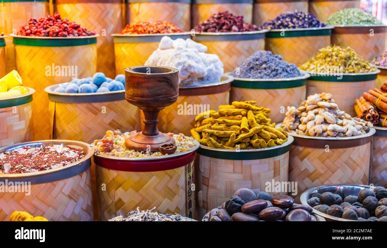 Variety of spices and herbs on the arab street market stall. Dubai ...
