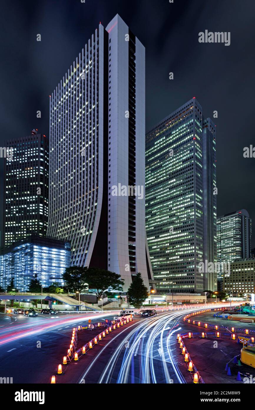 Modern architecture. Night view on modern steel and glass skyscrapers ...