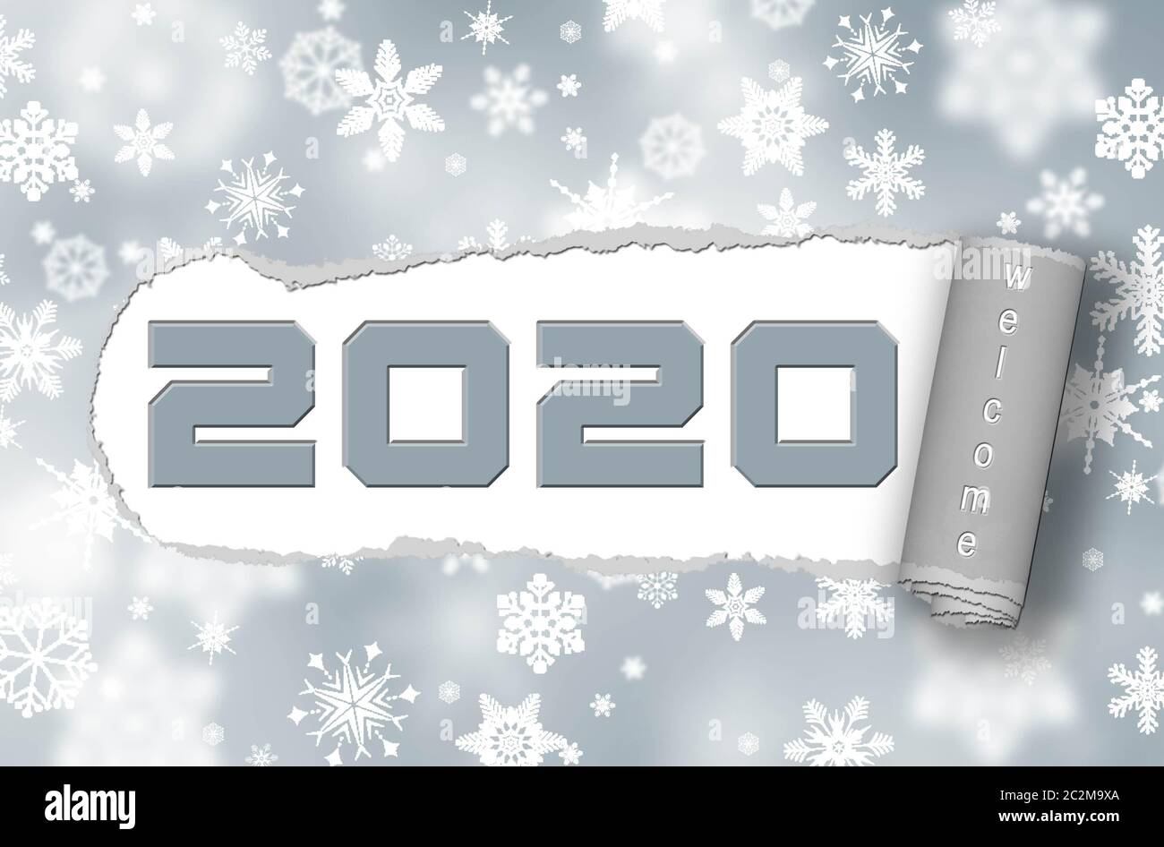 Paper ripped - 2020 with lettering Welcome on white snowflakes ...