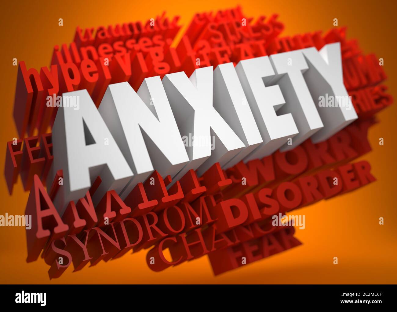 Anxiety - the Word in White Color on Cloud of Red Words on Orange ...