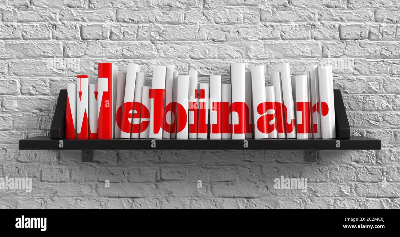 Webinar - Red Inscription on the Books on Shelf on the White Brick Wall ...