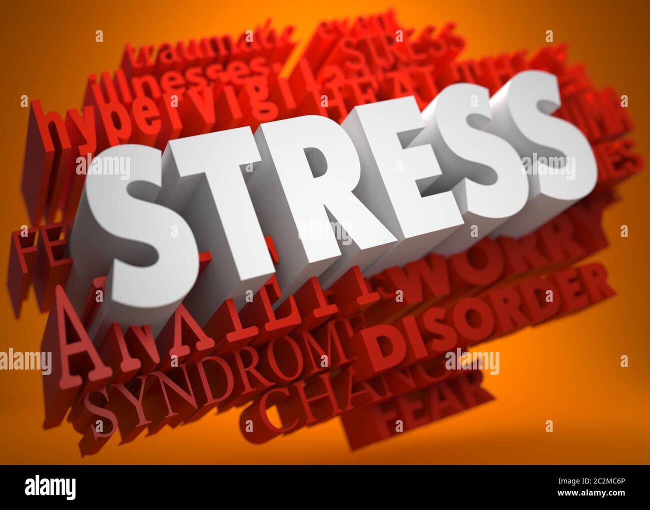 Stress - the Word in White Color on Cloud of Red Words on Orange ...