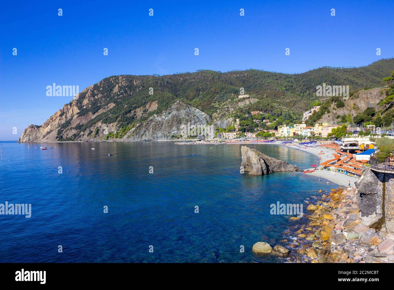 Panorama of Monterosso al Mare Beach, in summer season, a coastal ...
