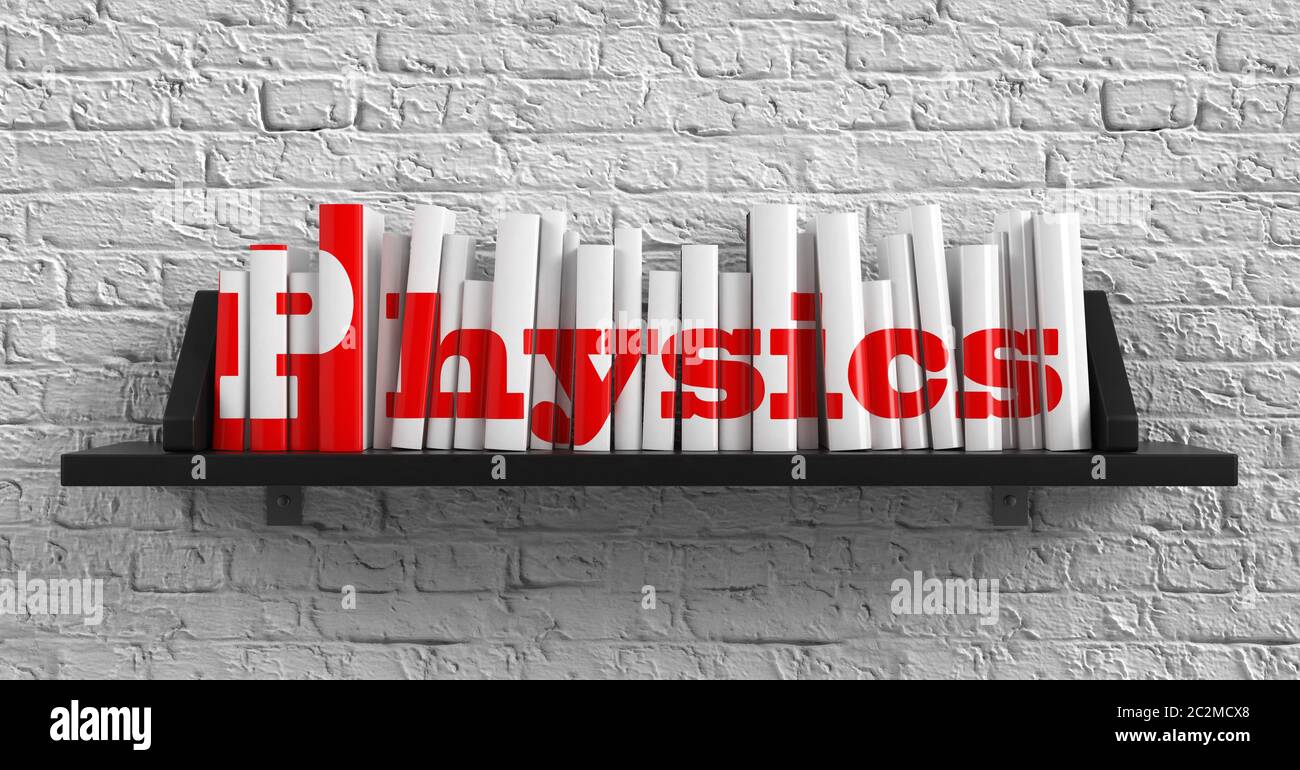 Physics - Red Inscription on the Books on Shelf on the White Brick Wall ...