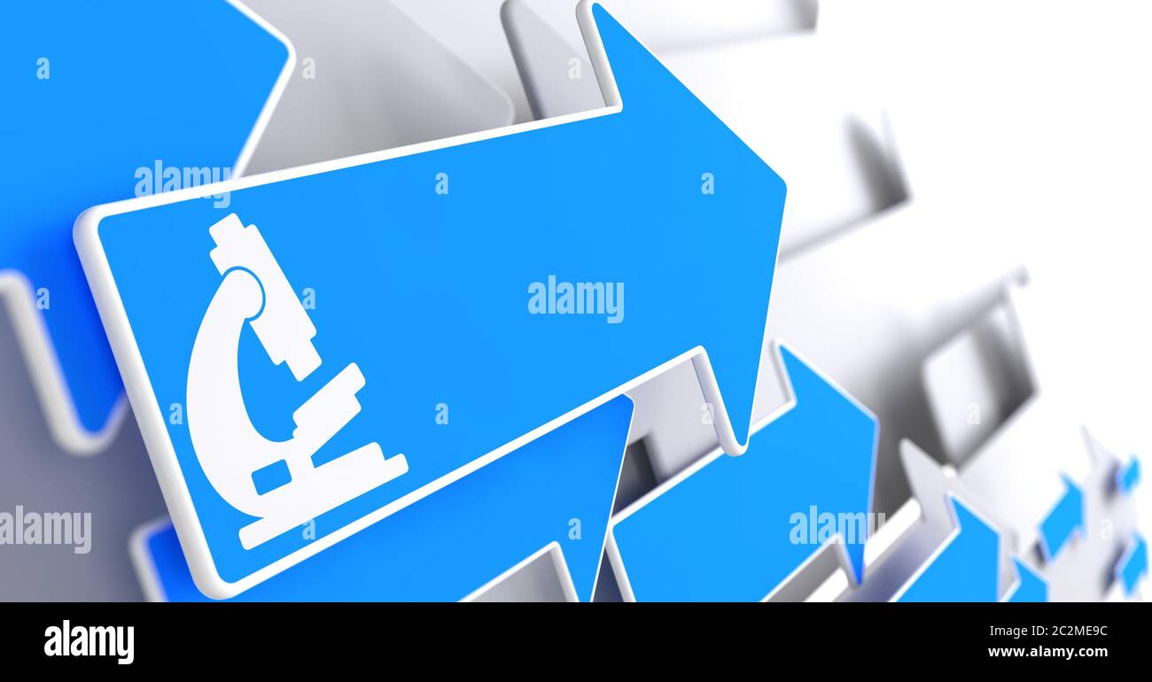 Microscope Icon on Blue Arrow on a Grey Background. Science Concept ...