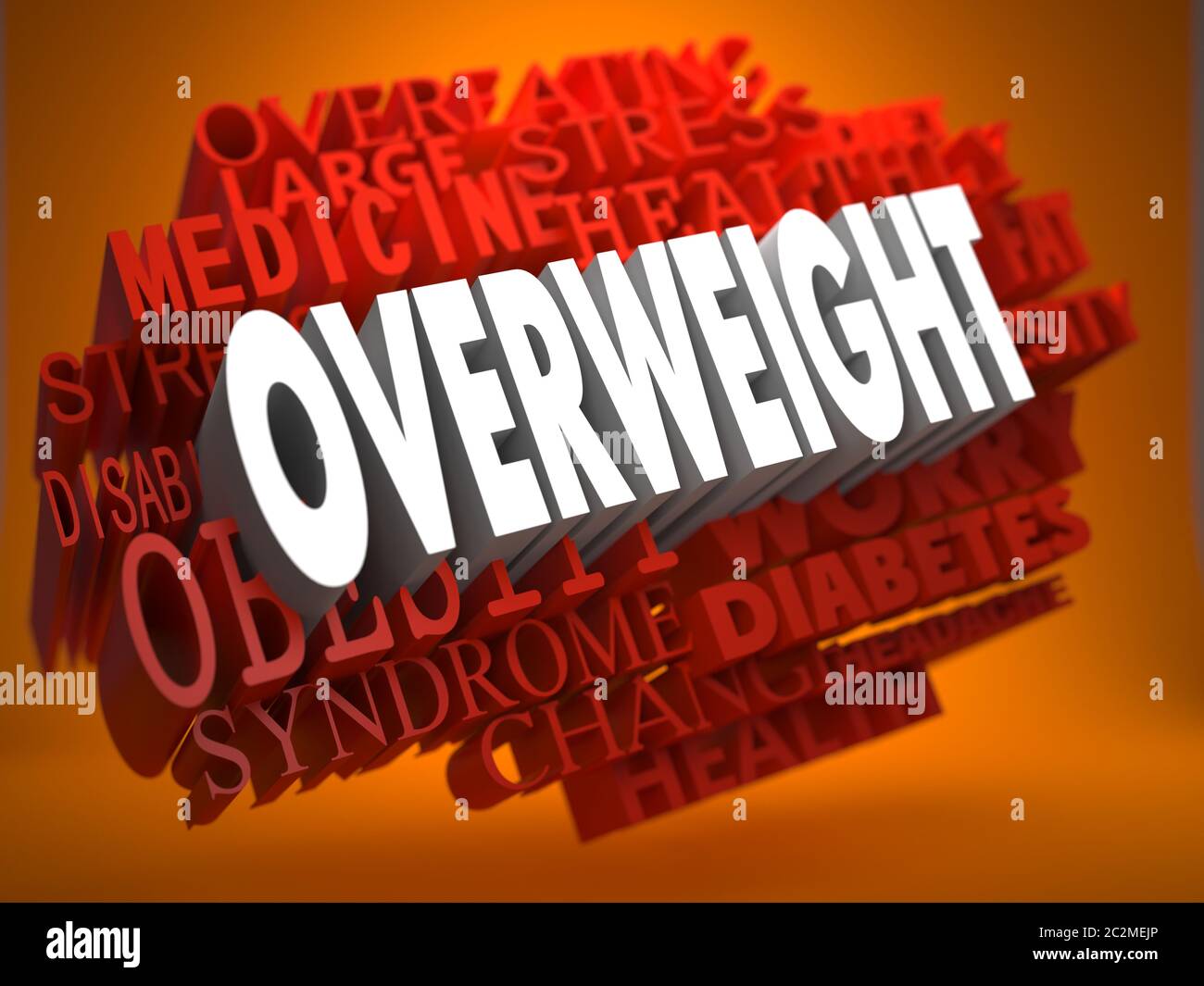 Overweight - the Word in White Color on Cloud of Red Words on Orange ...