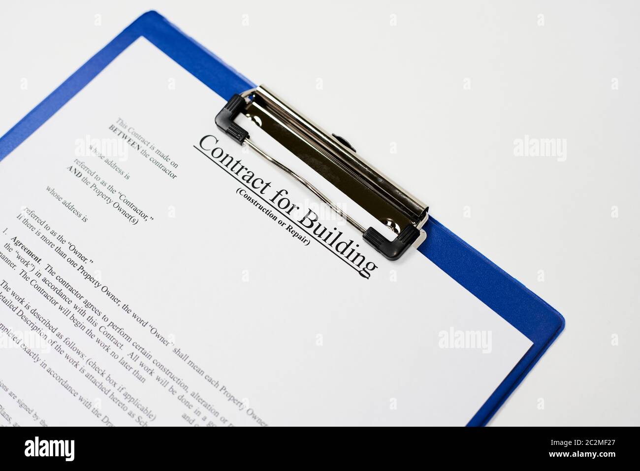 Contract for building. Construction or repair agreement document Stock ...
