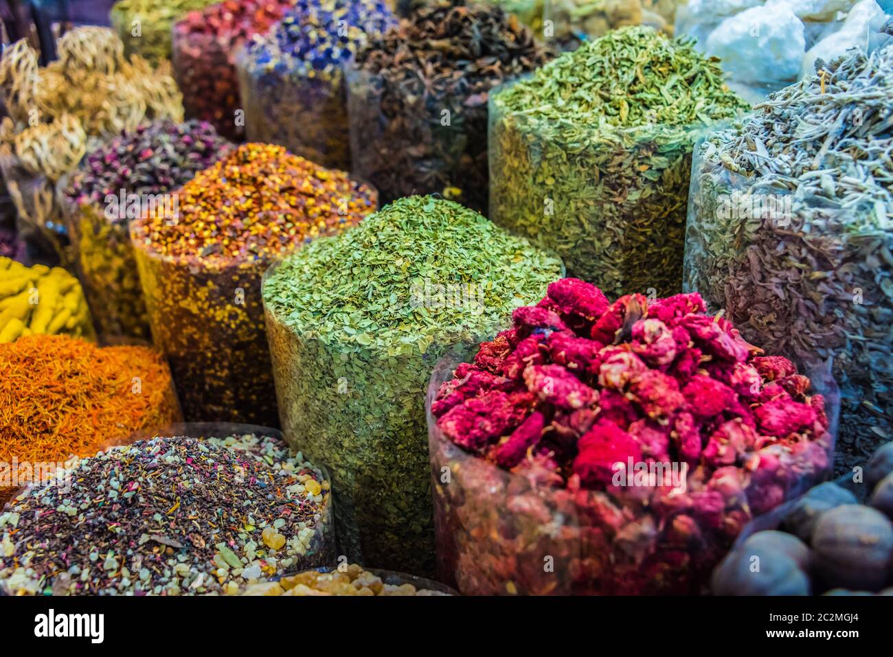 Variety of spices and herbs on the arab street market stall. Dubai ...