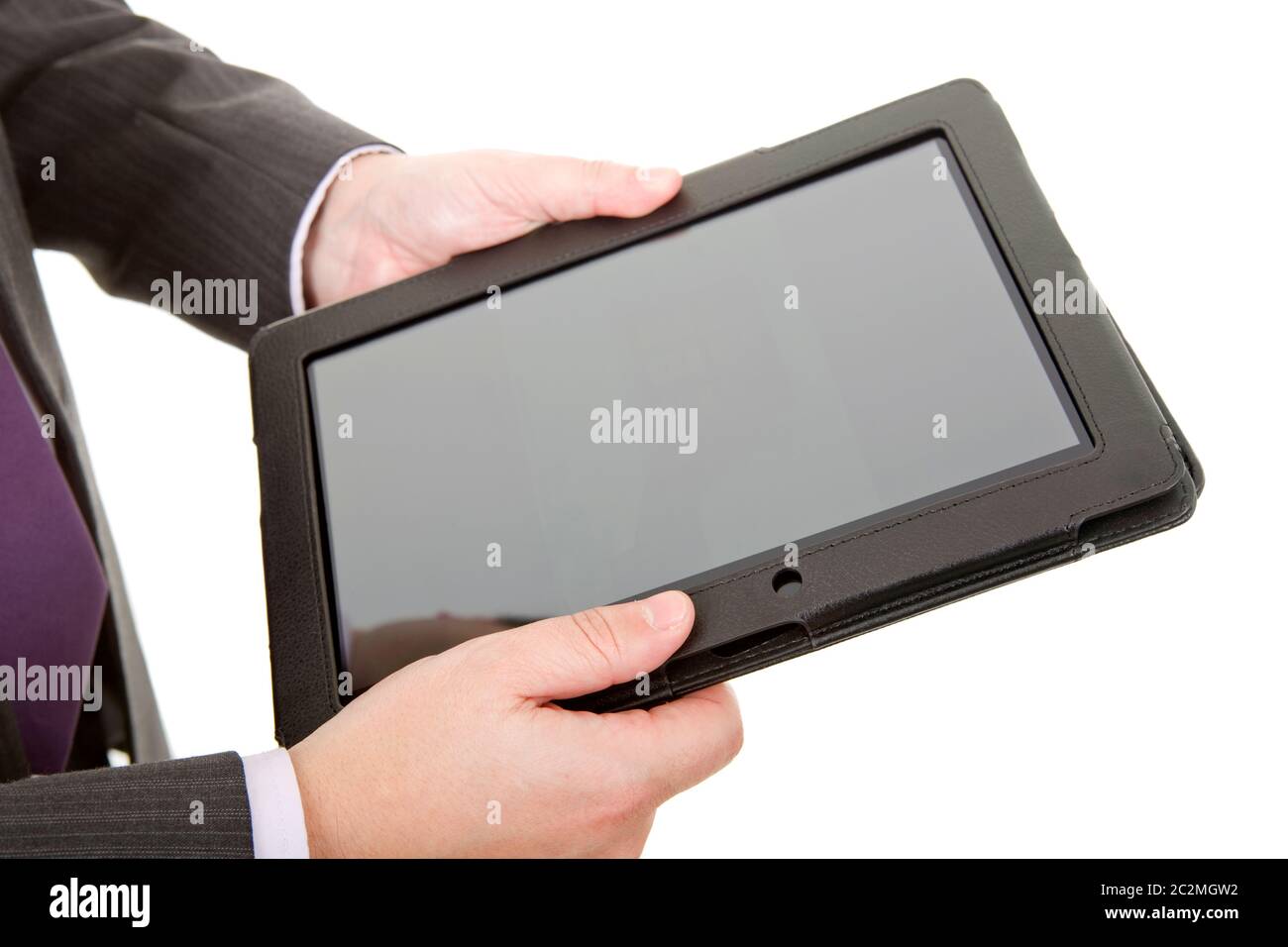 businessman using touch pad, close up shot on tablet pc, isolated ...