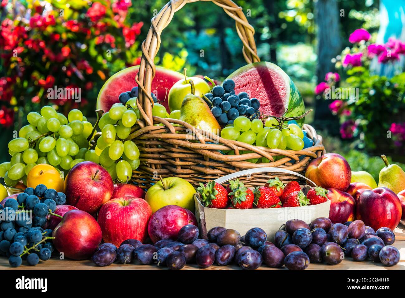 Variety of fresh ripe fruits in the garden. Balanced diet Stock Photo ...
