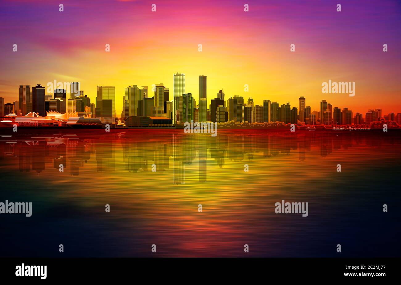 abstract red sunset background with violett sky and panorama of ...