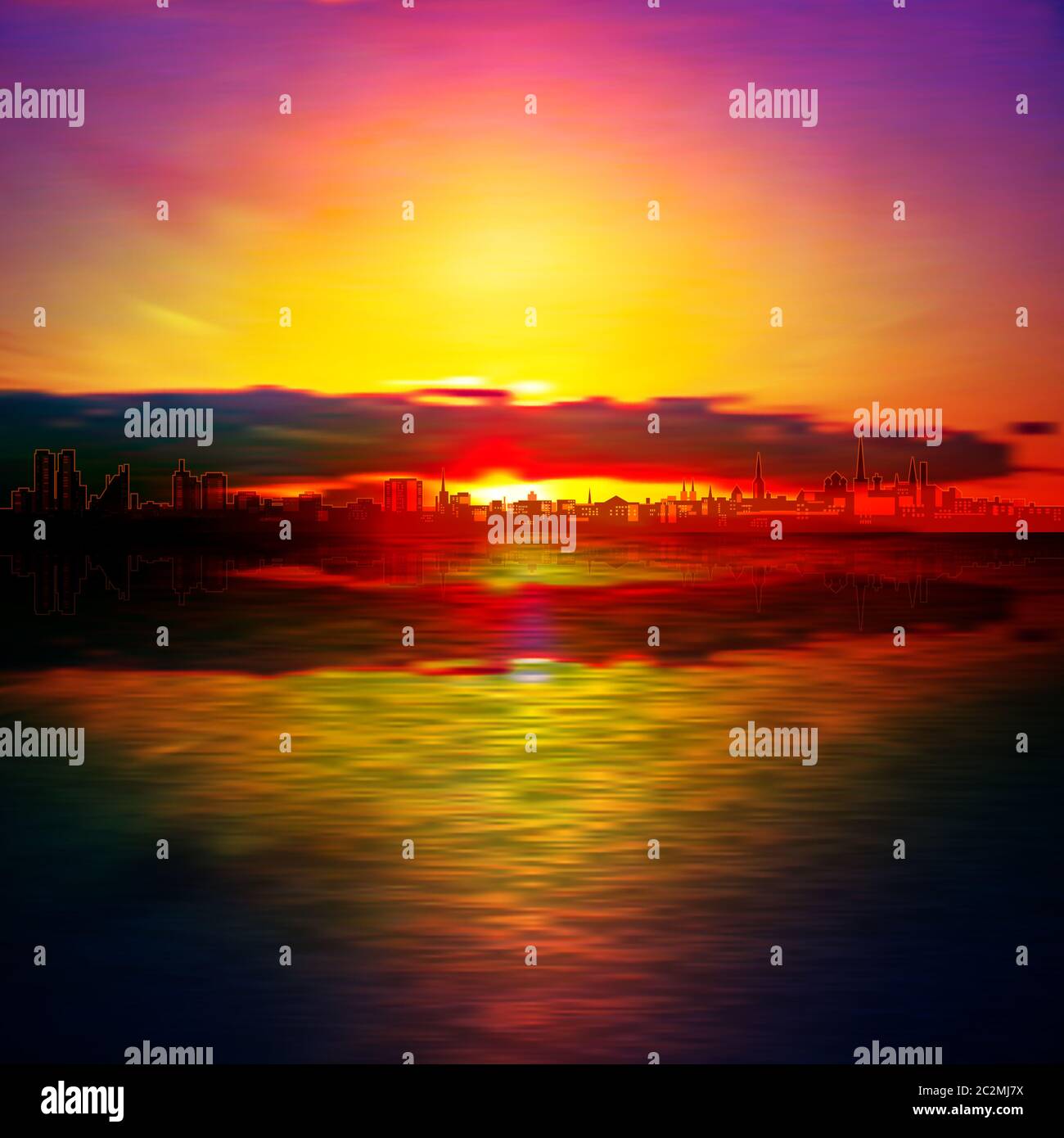 abstract red sunset background with dark clouds and silhouette of city ...