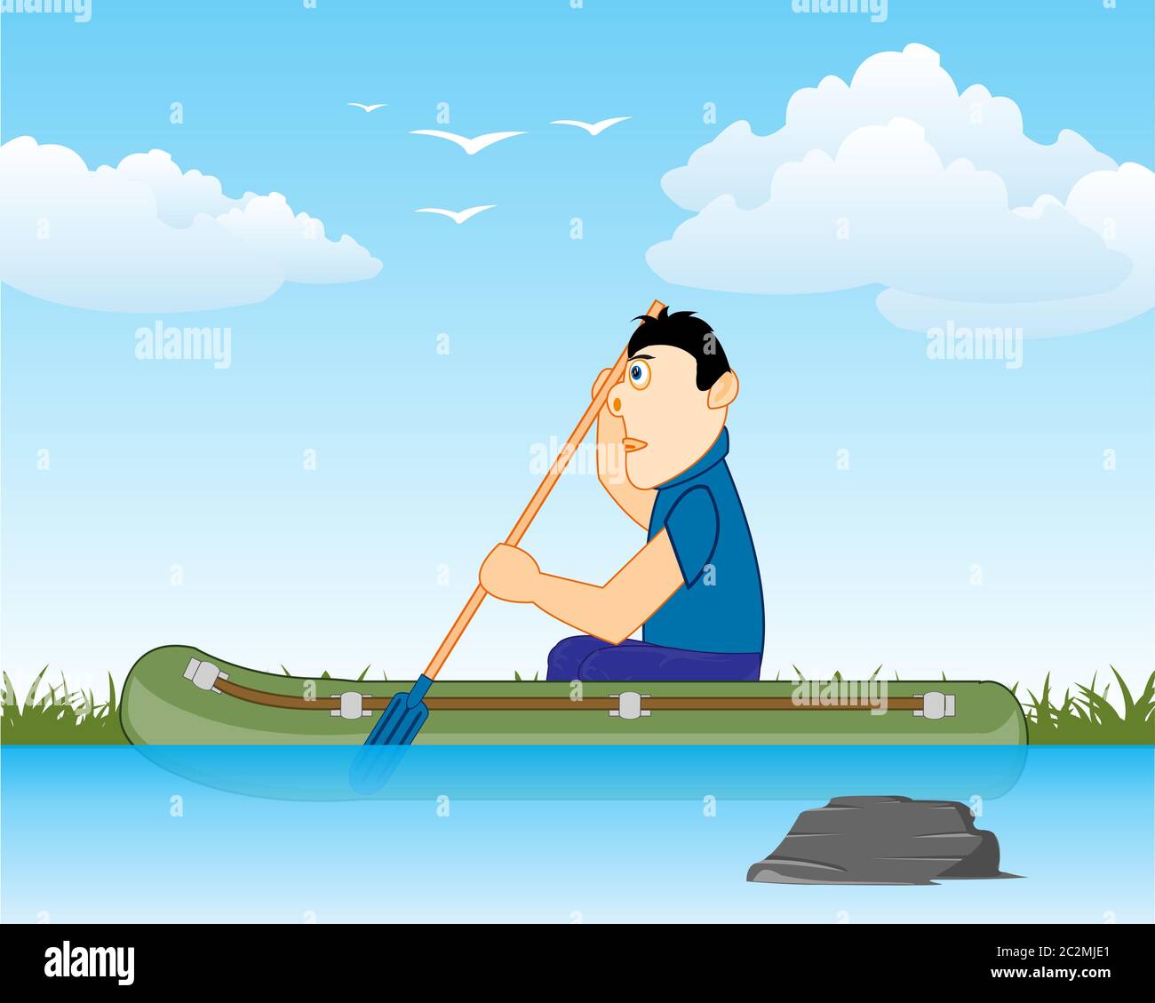 Vector illustration of the cartoon men in pneumatic boat on river Stock ...