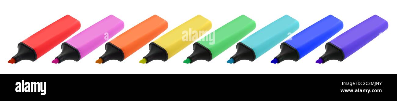 A range of eight colored highlighter pens inclined with clipping path ...