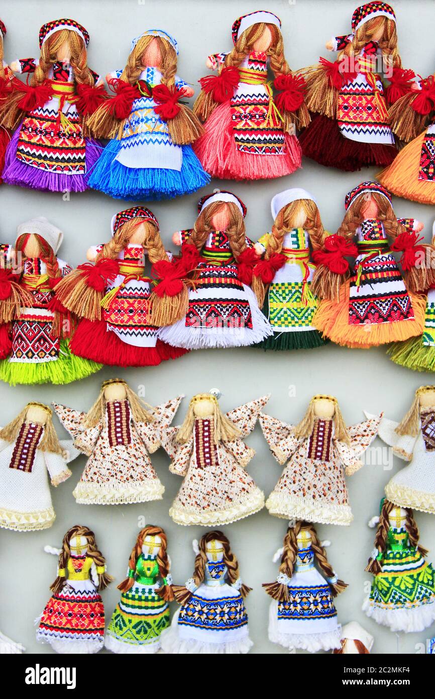 Rag dolls in market. Rich assortment of handmade rag dolls. Ukrainian ...