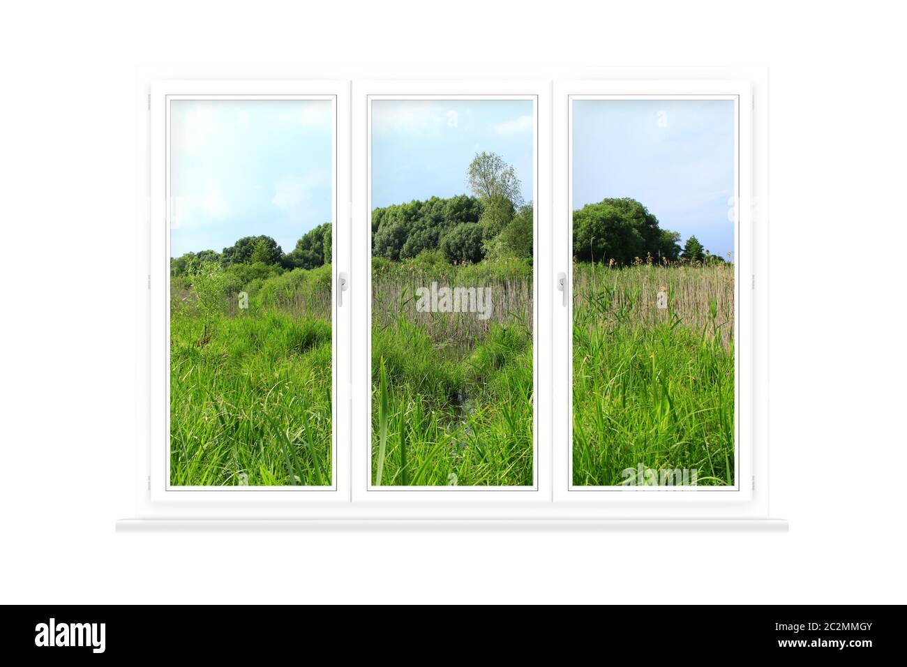Window isolated with view to summer field. Rural view. Panorama from ...