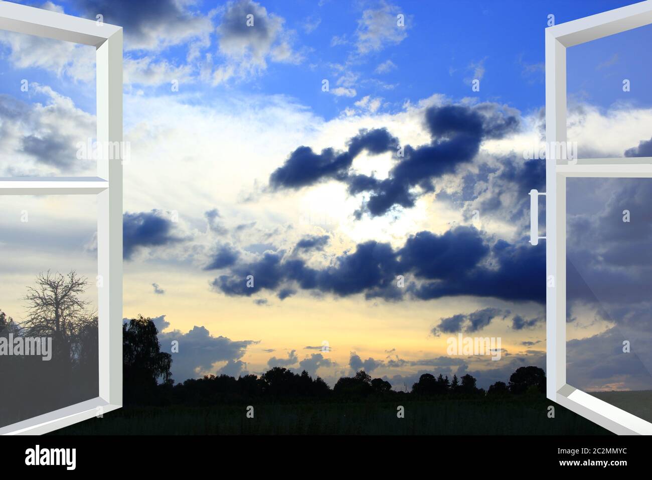 Window opened to sunset with dark clouds. Evening coolness Stock Photo ...