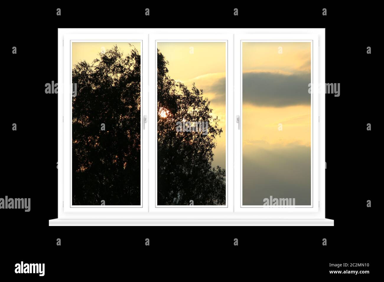 White window with sunset beyond isolated on black background. View from ...