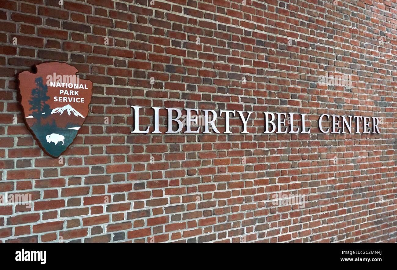 Philadelphia, USA - December 14, 2019: Liberty Bell Center writing. The ...