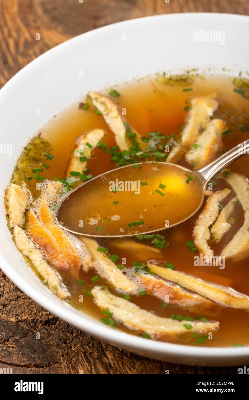 overview of a bavarian pancake soup Stock Photo - Alamy