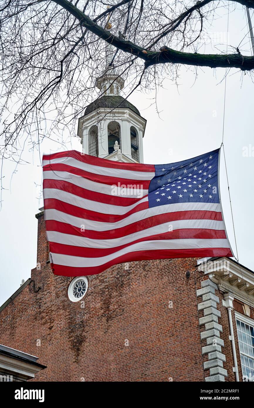 Independence Hall building with american flag. Independence Hall is the ...
