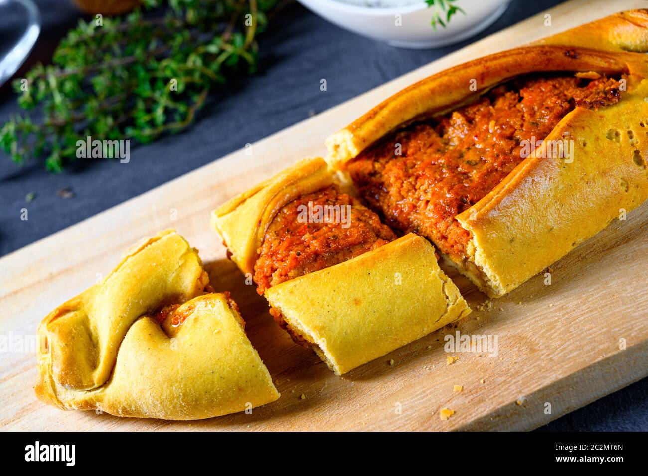 Pide with minced meat, spinach feta and sheep's cheese Stock Photo - Alamy