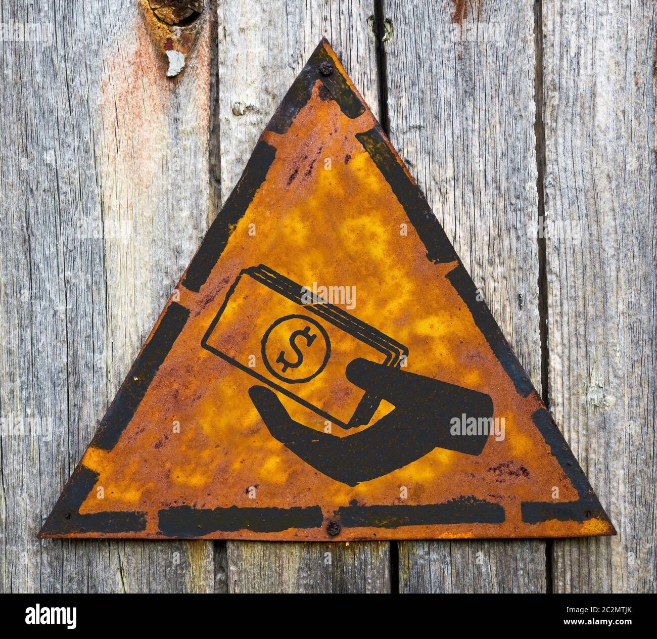 Icon of Money in the Hand on Weathered Triangular Yellow Warning Sign ...