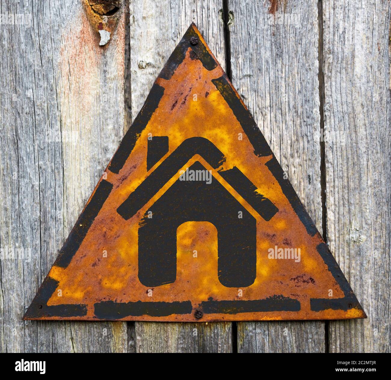 Home Icon on Weathered Triangular Yellow Warning Sign. Grange ...