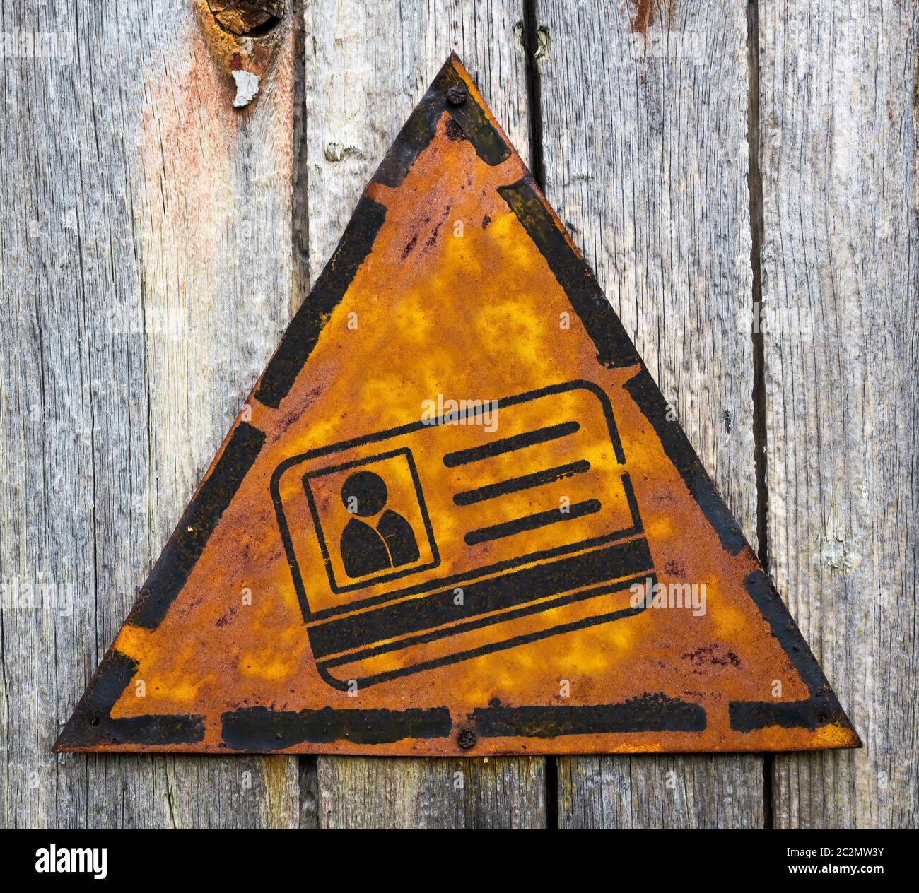ID Card Icon on Weathered Triangular Yellow Warning Sign. Grange ...