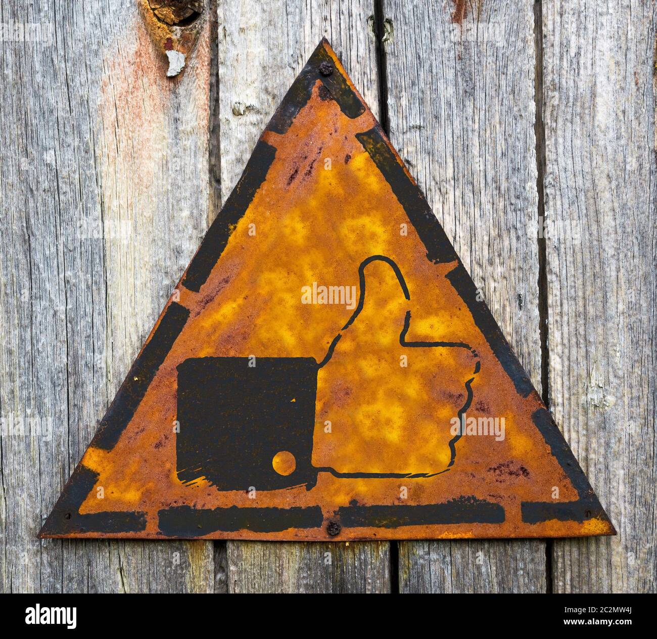 Like Concept. Thumb Up Icon on Weathered Triangular Yellow Warning Sign ...