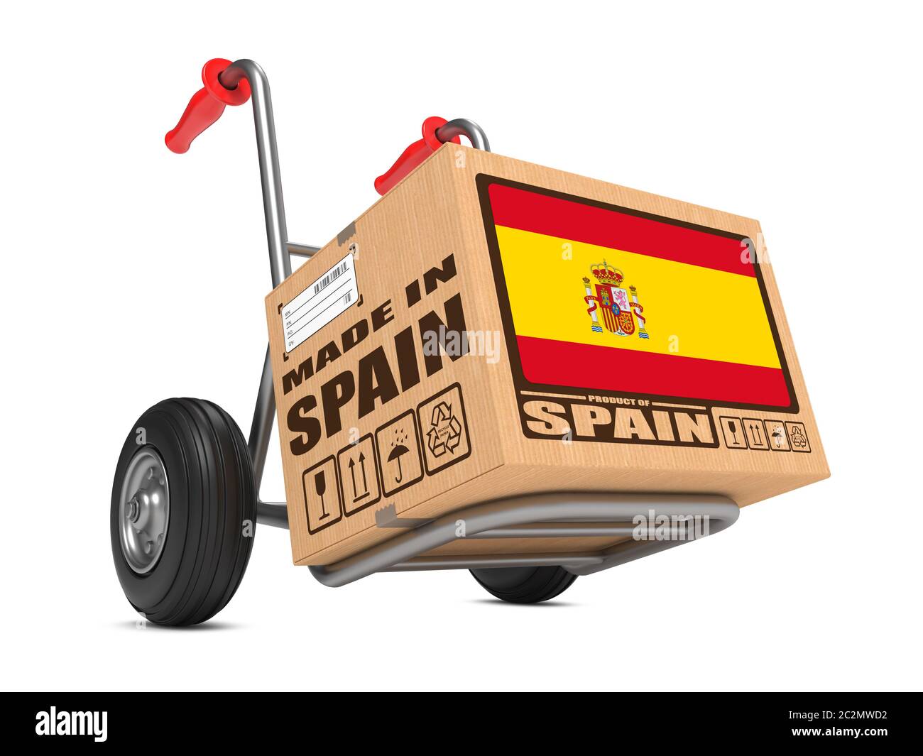 Cardboard Box with Flag of Spain and Made in Spain Slogan on Hand Truck ...