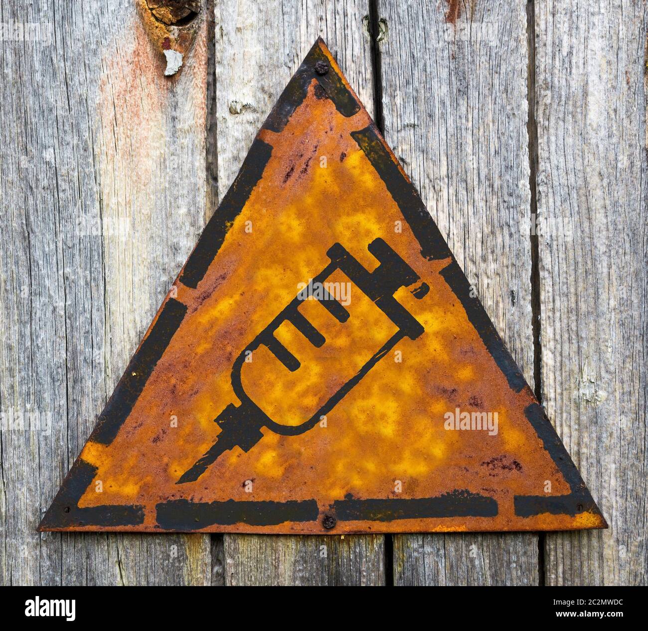 Syringe Icon on Weathered Triangular Yellow Warning Sign. Grange ...