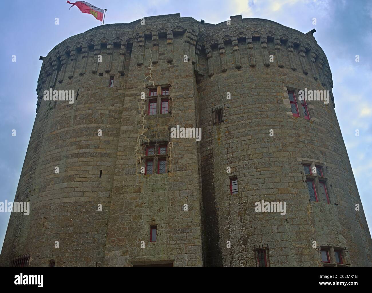Big central stone tower with flag on top at Dinan fortress, France ...