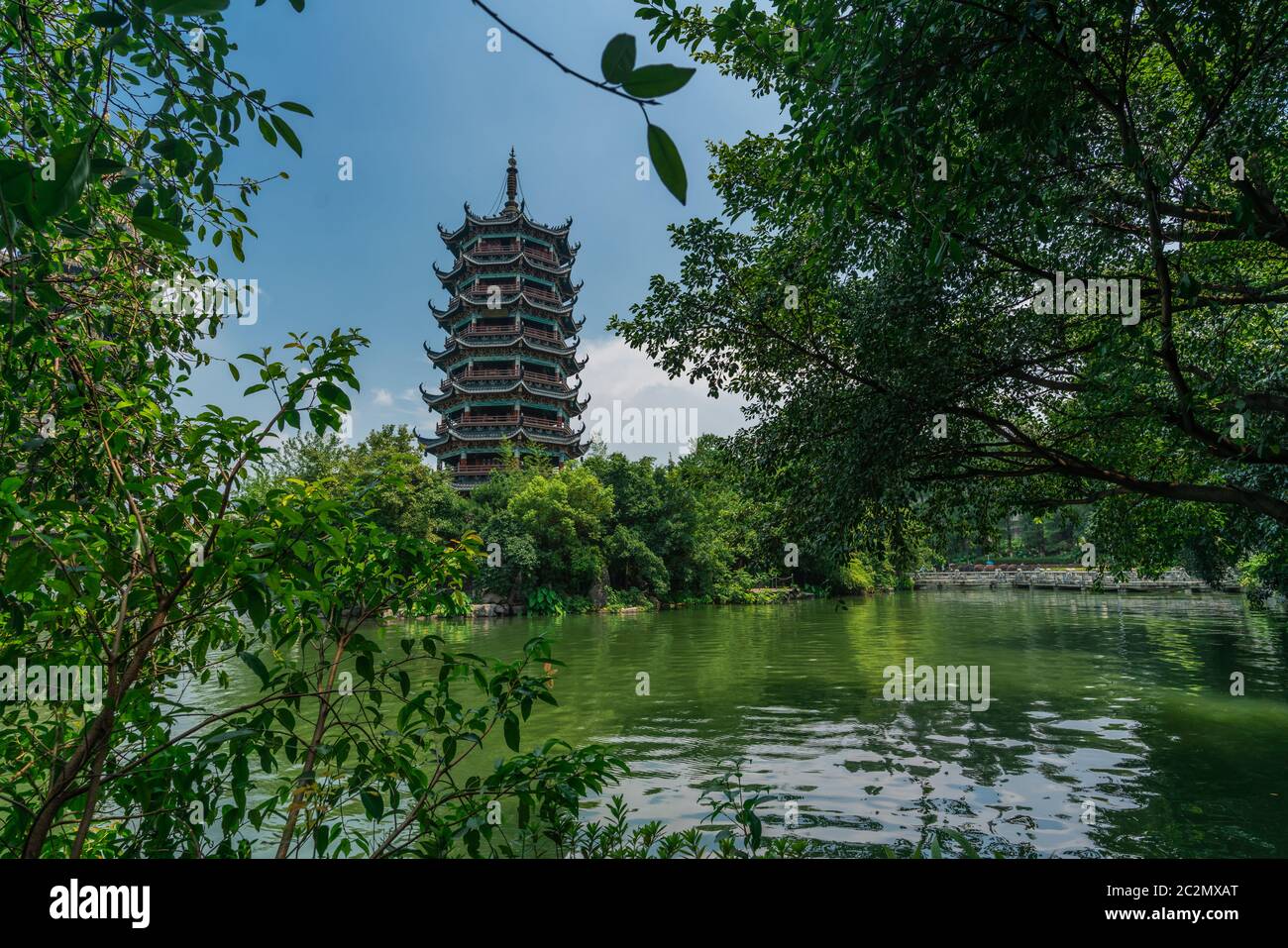 Landmark Moon Pagoda Tower at Shanhu or Shan Lake in Guilin town ...