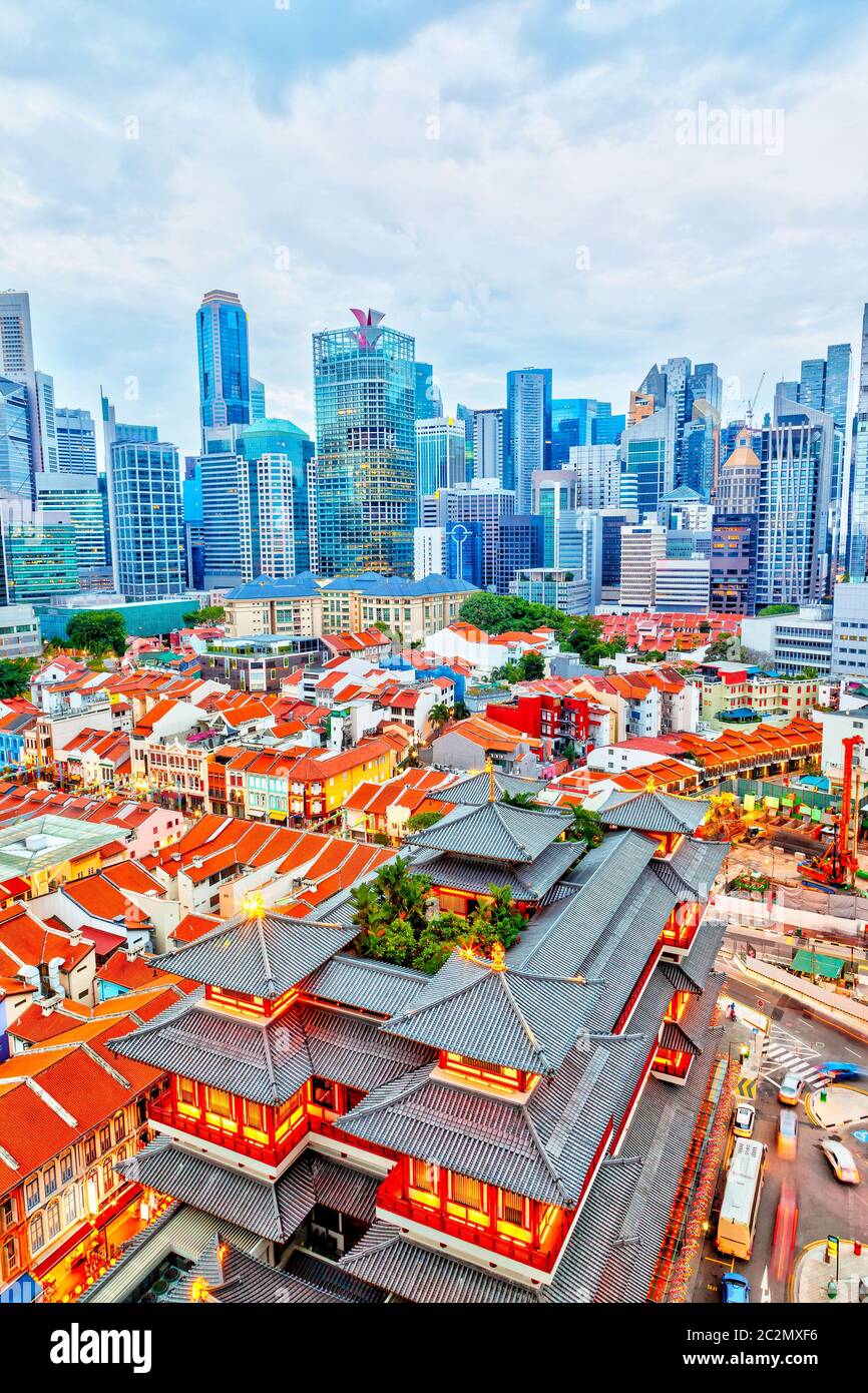 Aerial view of the evening cityscape of Singapore Chinatown with ...