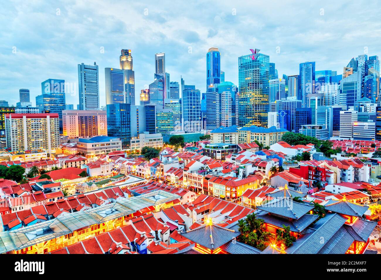 Aerial view of the evening cityscape of Singapore Chinatown with ...