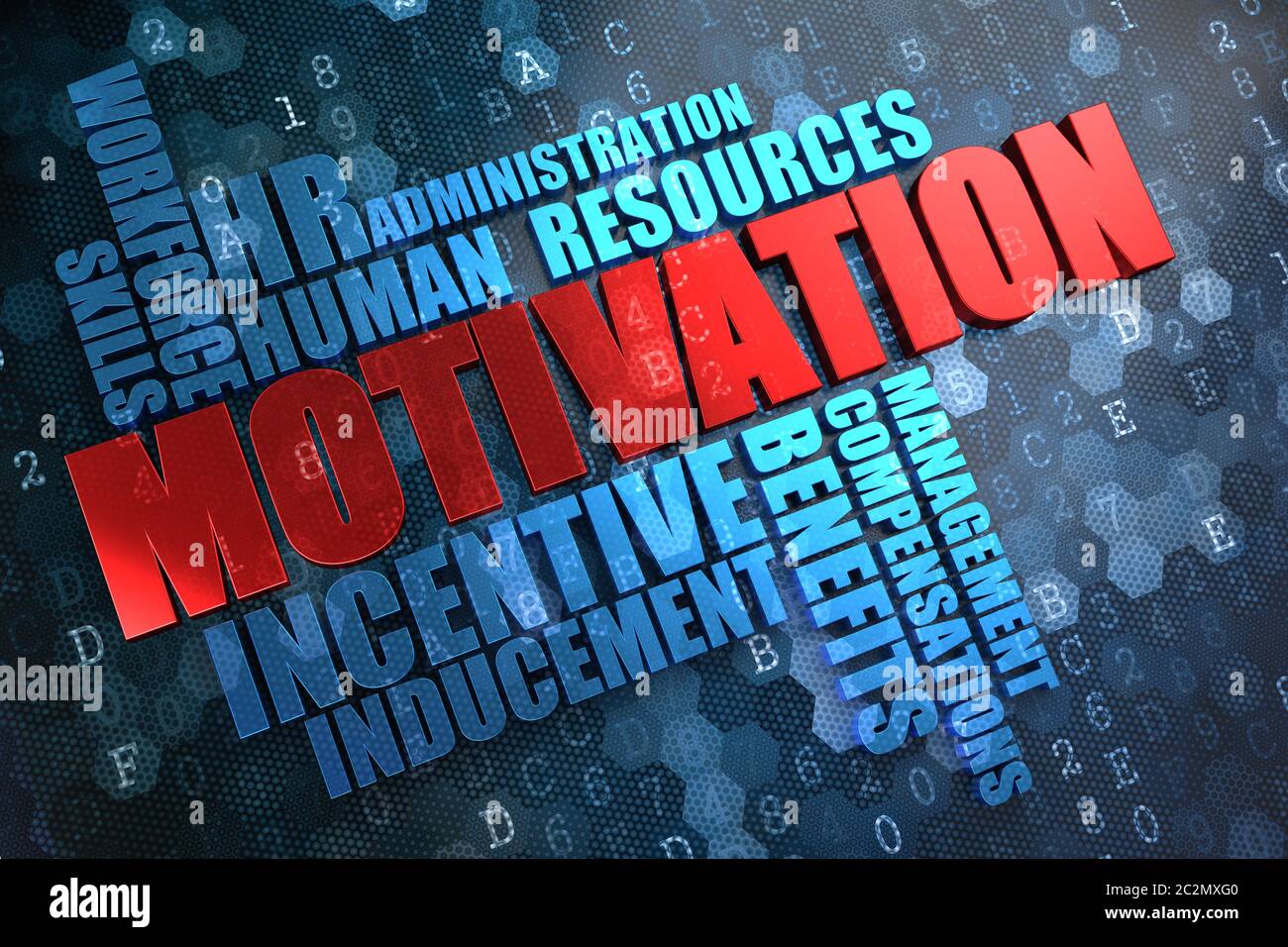 Motivation - Wordcloud Concept. Red Word in Blue Wordcloud on Digital ...