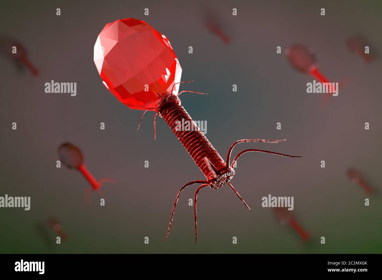3d illustration, close up of microscope bacteriophage on green ...