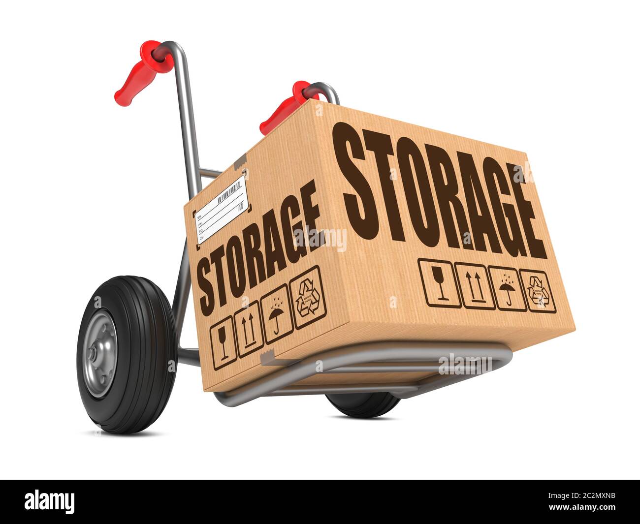 Cardboard Box with Storage Slogan on Hand Truck White Background Stock ...