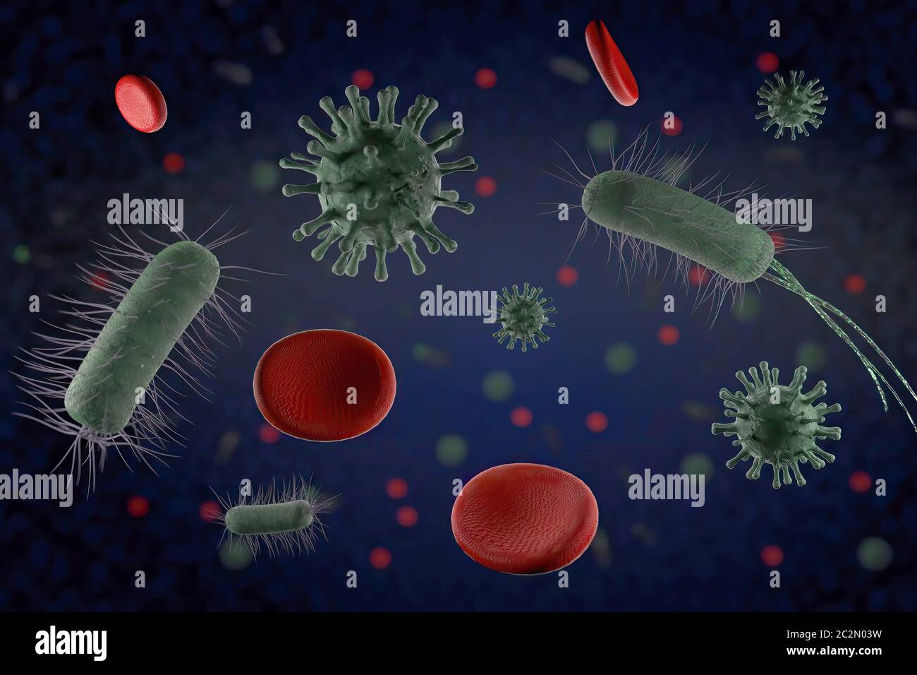 3d illustration, close up of microscopic Virus, Bacteria and Red blood ...
