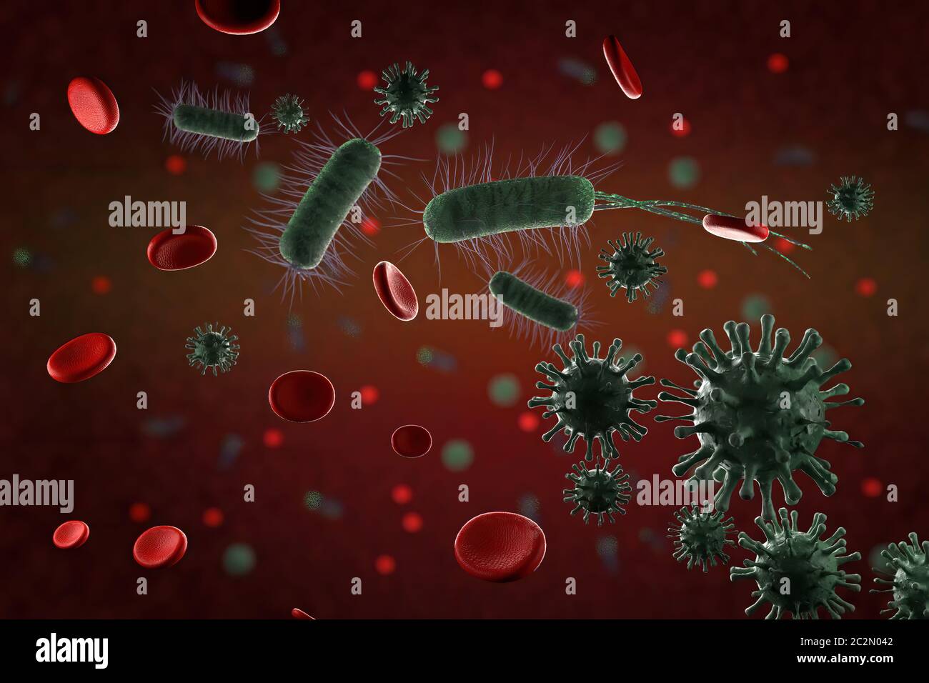 3d illustration, close up of microscopic Virus, Bacteria and Red blood ...