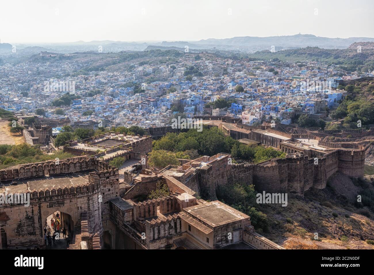 the view of blue city of jodhpur and mehrangarh fort walls. Taken in ...