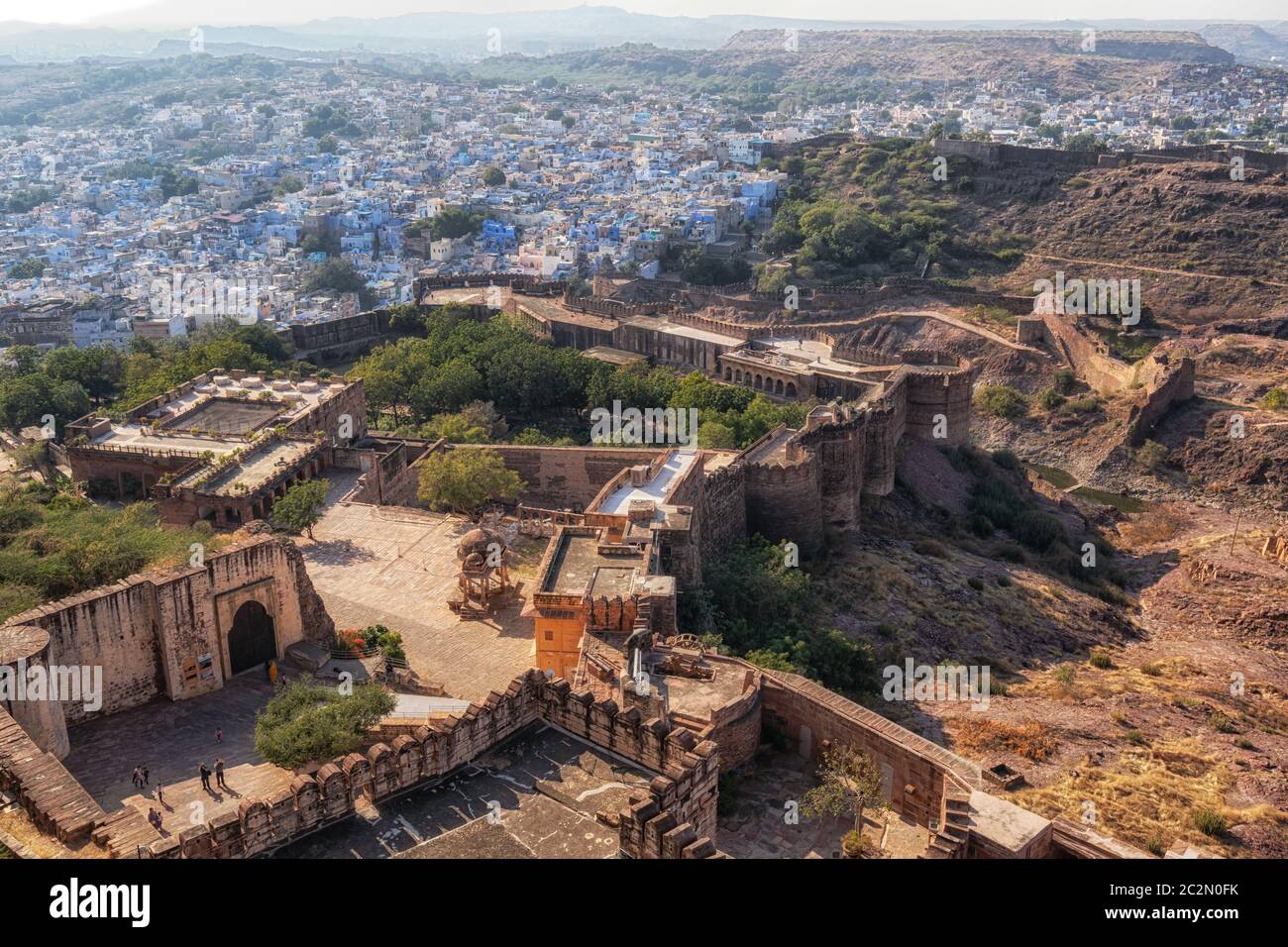 the view of blue city of jodhpur and mehrangarh fort walls. Taken in ...