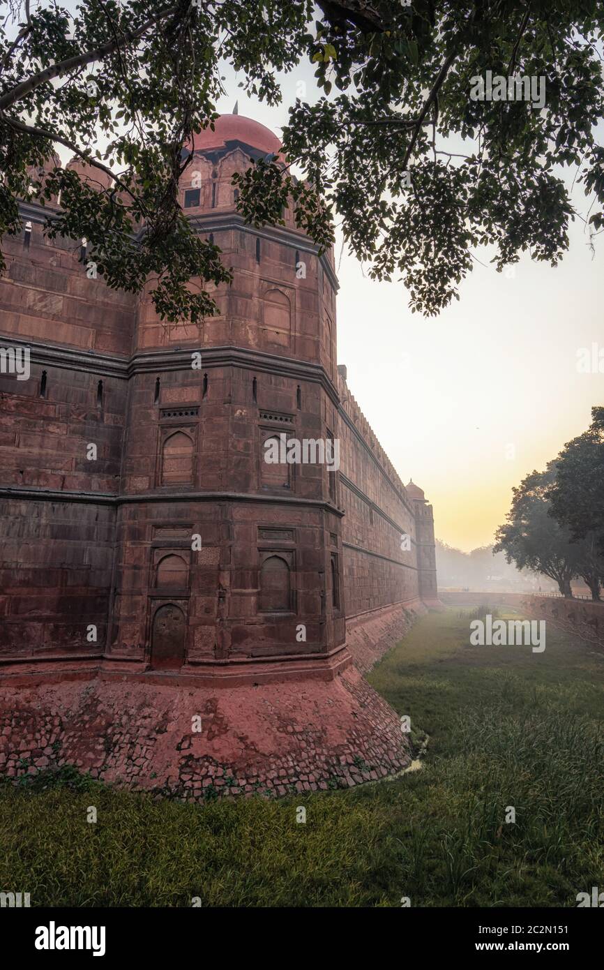 red fort fortress wall and surrounding moat. Red fort is a famous ...