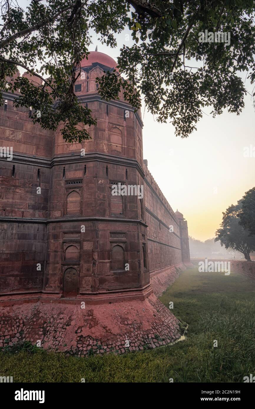 red fort fortress wall and surrounding moat. Red fort is a famous ...